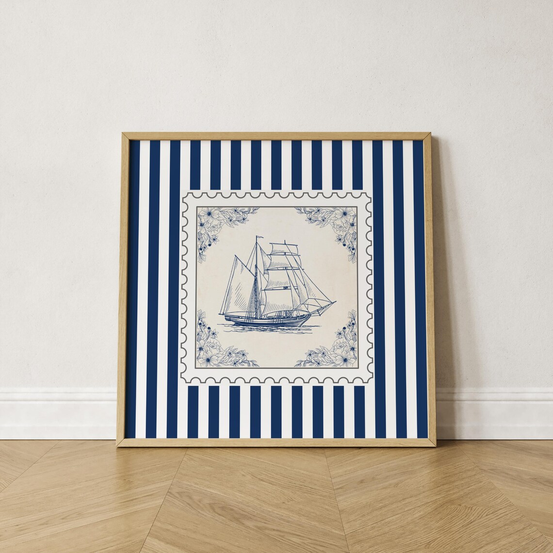 Vintage Sailboat Poster: Old Sailing Ship Sketch Blue Striped Wall Art ...