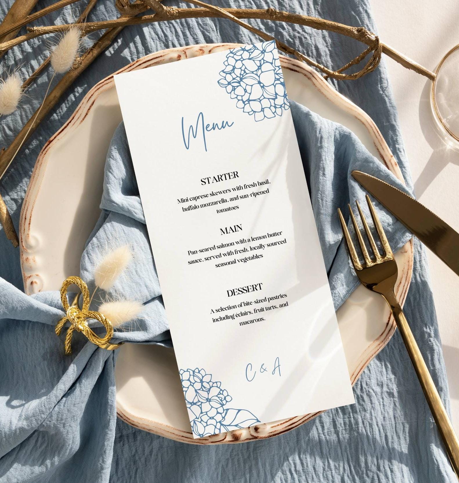 Blue Floral Wedding Menu Template: Elegant Printable Dinner Menu (PDF ...