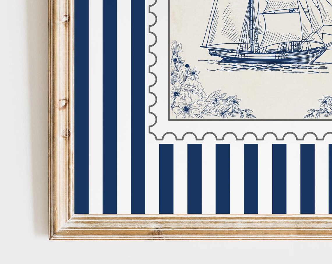 Vintage Sailboat Poster: Old Sailing Ship Sketch Blue Striped Wall Art ...