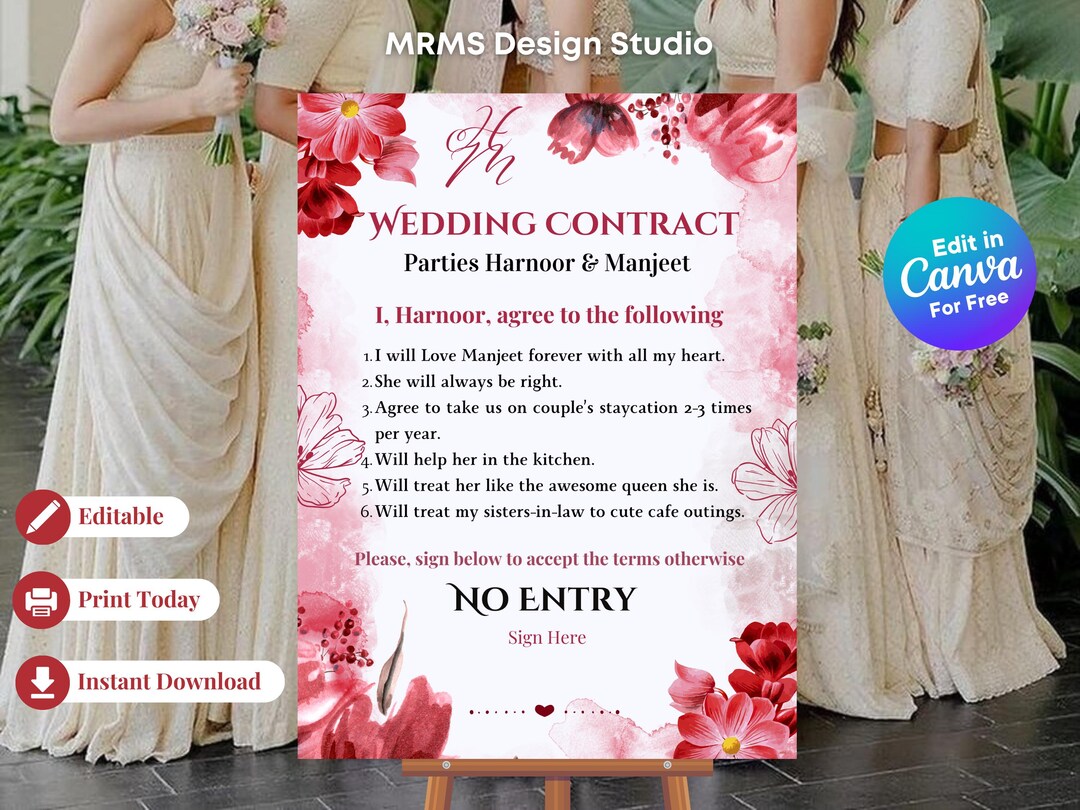 Red Floral Wedding Contract Sign: Editable Template (digital Download ...
