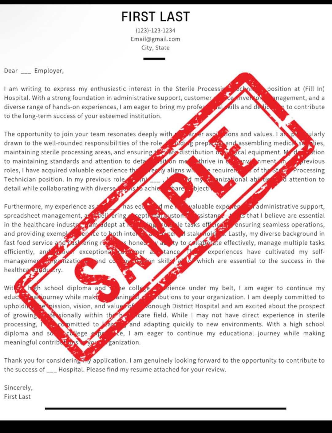 Cover Letter Example for Sterile Processing Technician Job Position (no ...