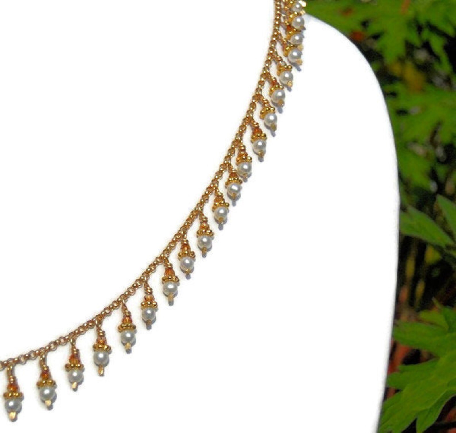 Dancing Pearl Necklace / Natural White Seed Pearls / Coppery Swarovski ...