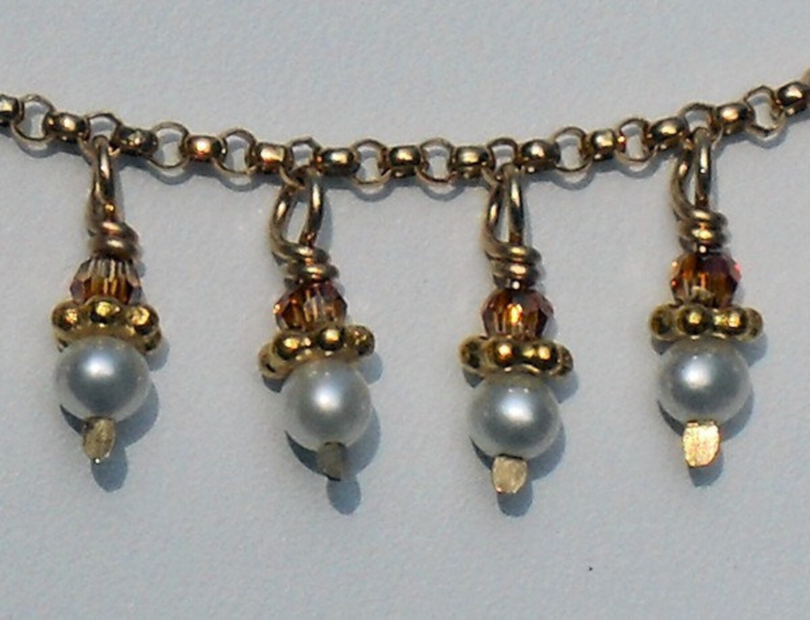 Dancing Pearl Necklace / Natural White Seed Pearls / Coppery Swarovski ...