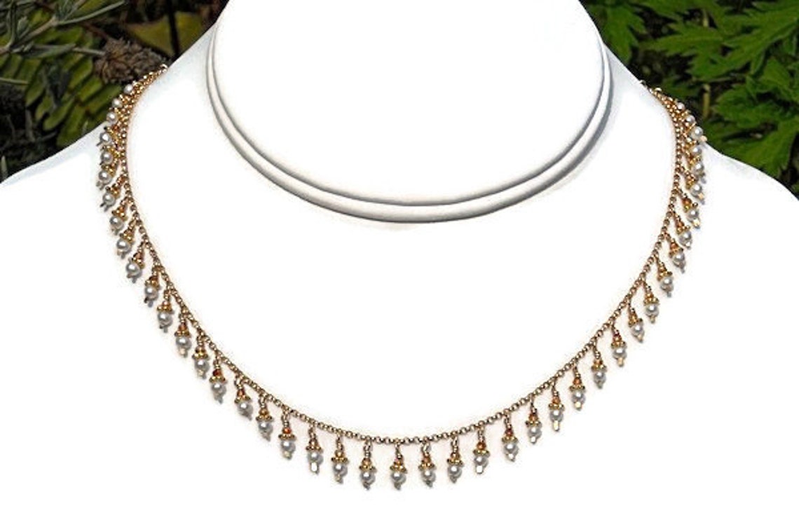 Dancing Pearl Necklace / Natural White Seed Pearls / Coppery Swarovski ...