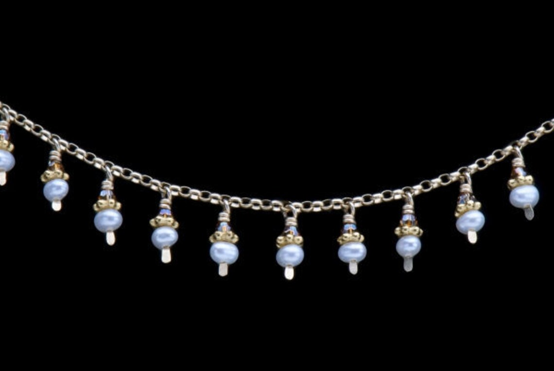 Dancing Pearl Necklace / Natural White Seed Pearls / Coppery Swarovski ...