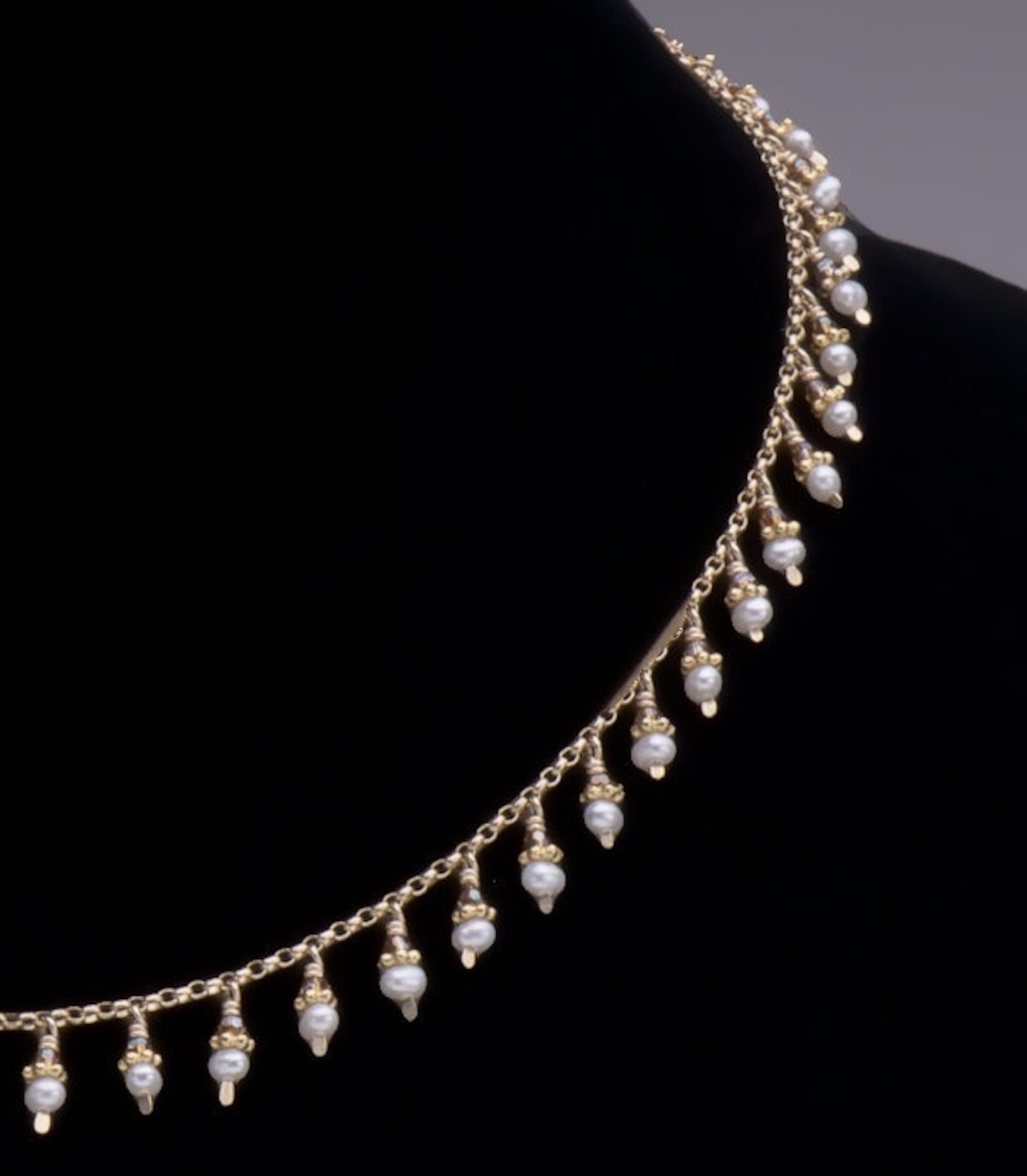 Dancing Pearl Necklace / Natural White Seed Pearls / Coppery Swarovski ...