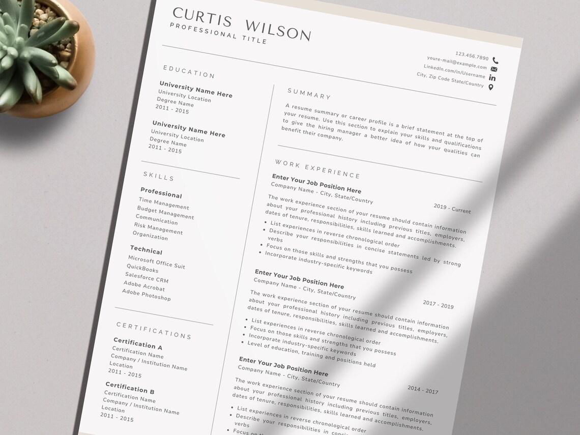 Modern Professional Resume Template for Word, Pages, and Canva Resume ...