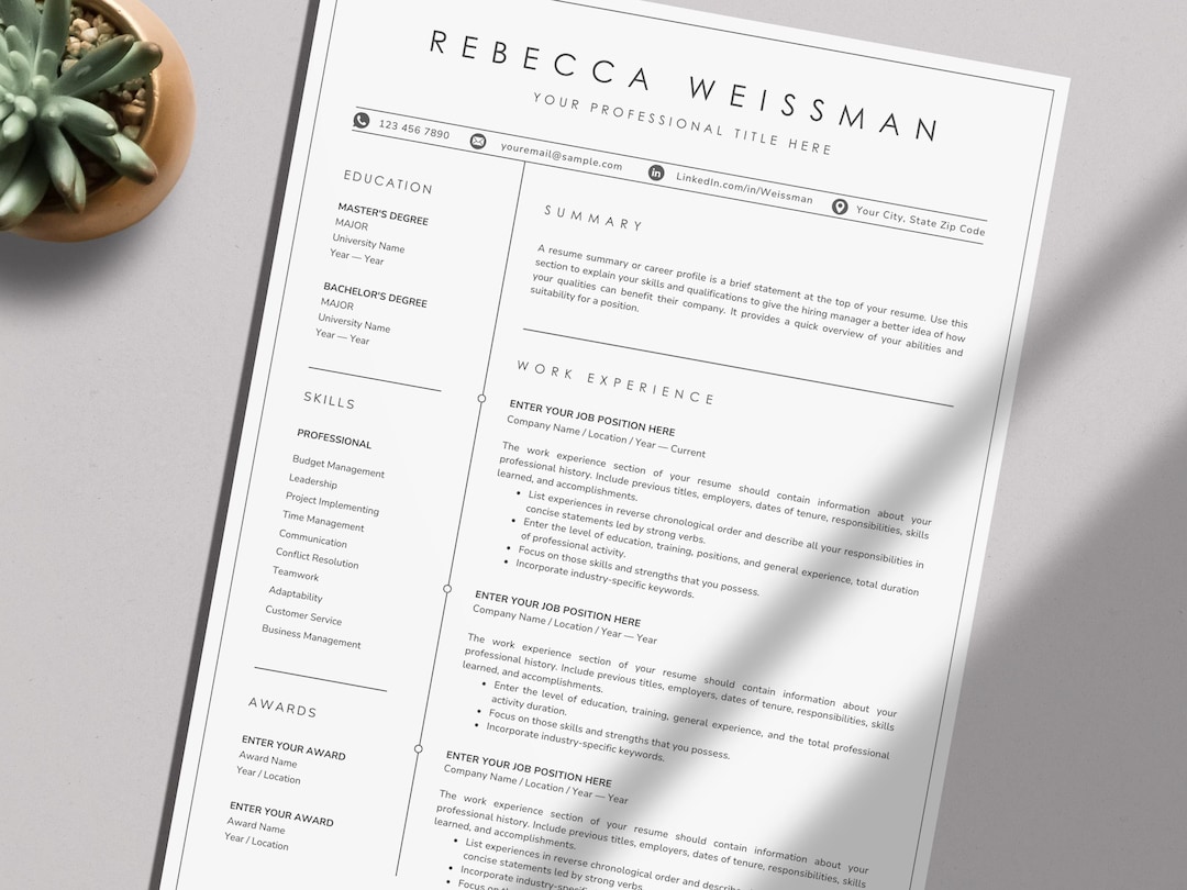 Simple Modern Resume Template | Word, Apple Pages & Google Docs ...