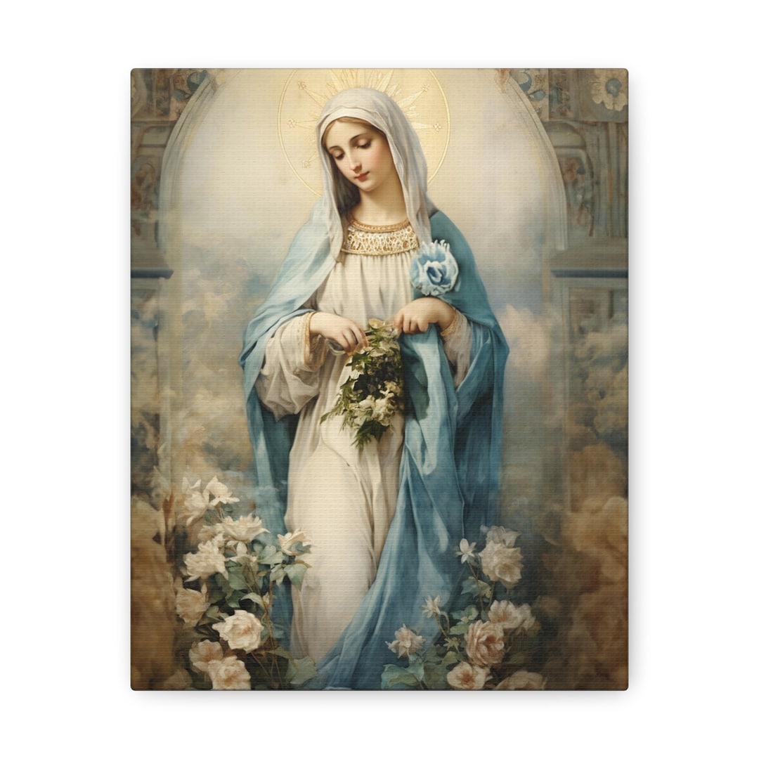 Mary of the Immaculate Conception Floral Canvas Print, Christmas Gift ...