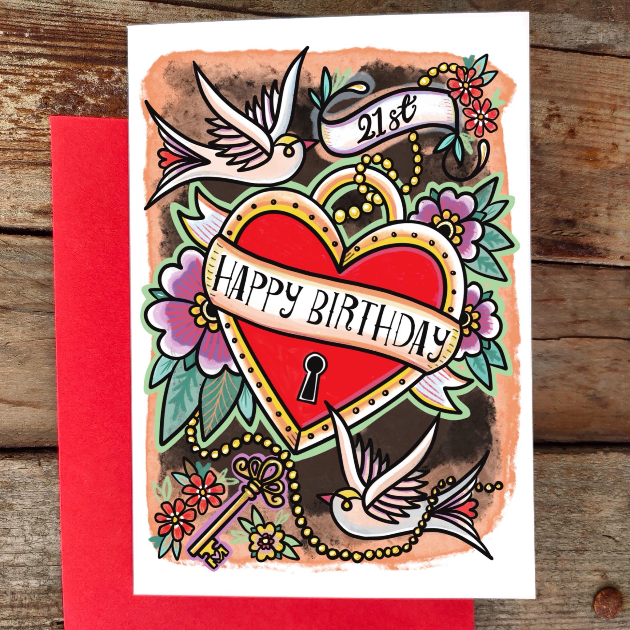 Tattoo Style 21st Birthday Card – Heart Lock, Key & Swallows – Cool ...