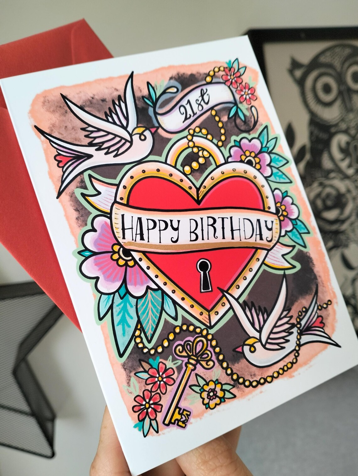 Tattoo Style 21st Birthday Card | Heart Lock, Key & Swallows | Cool ...