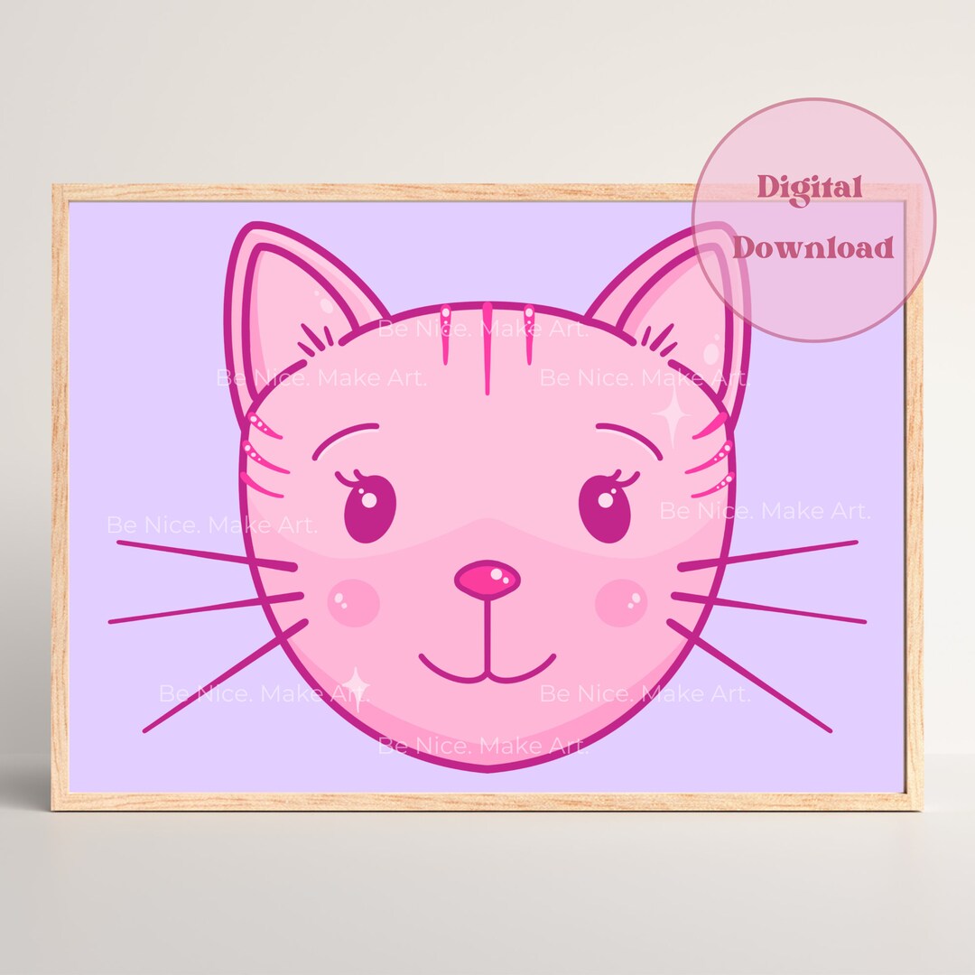 Pink Pastel Kitty Cat Illustration | Cute Lavender Kawaii Wall Art ...