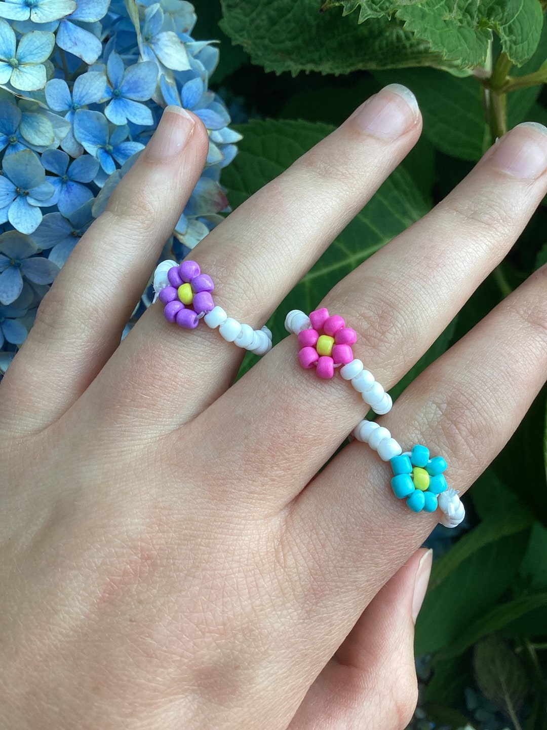 Seed Bead Flower Ring Purple, Blue, Pink - Etsy
