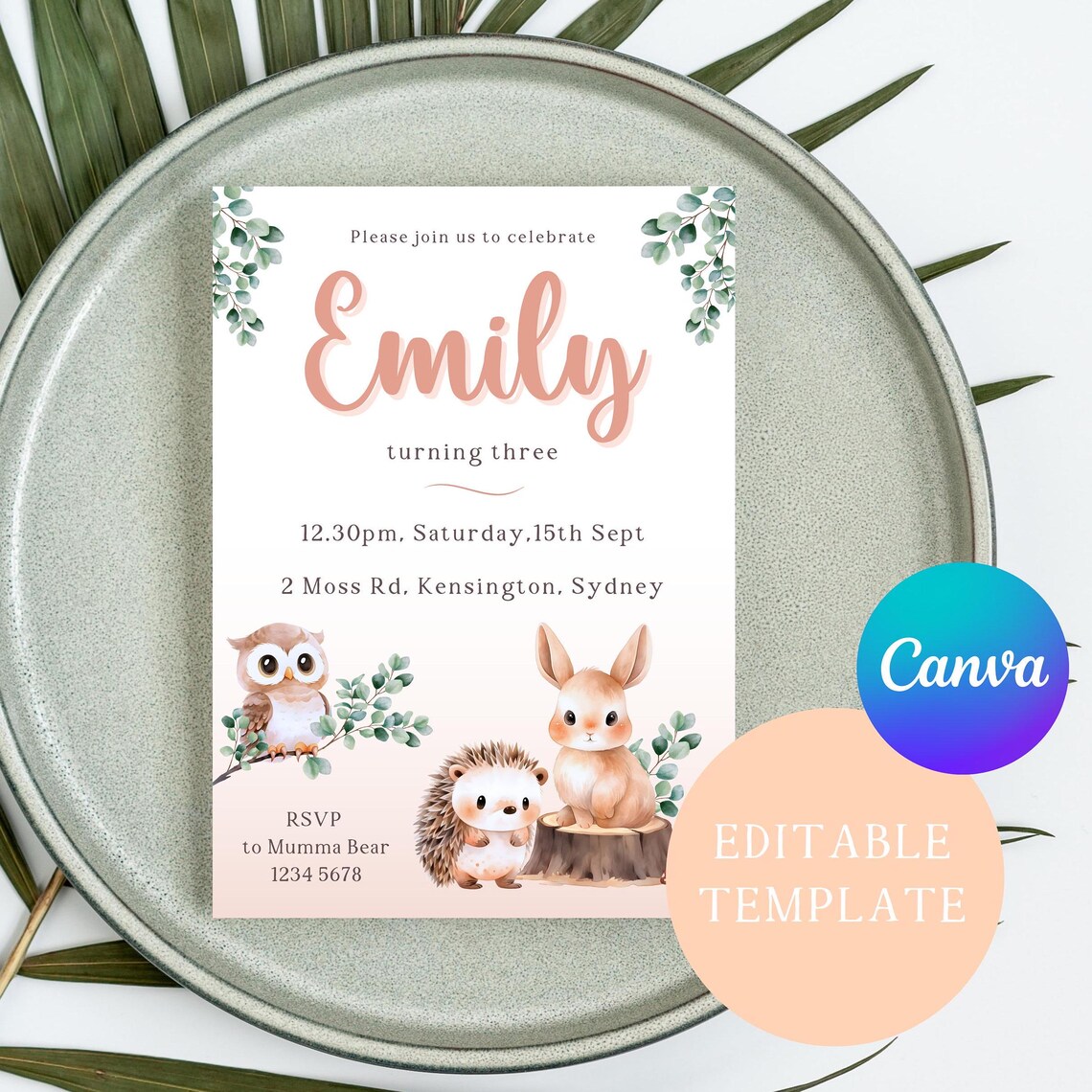 Editable Woodland Blush Birthday Invitation Forest Animal Party Invite ...