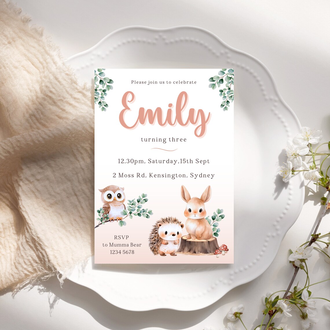 Editable Woodland Blush Birthday Invitation Forest Animal Party Invite ...