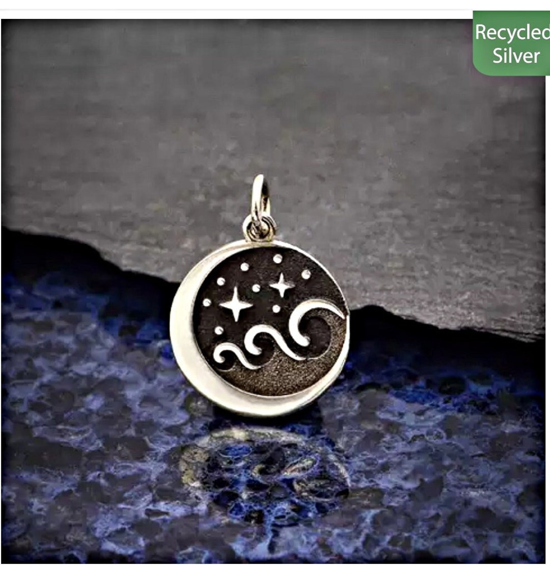 Crescent Moon Starry Night Wave Charm, Sterling Silver, Beachjewelry ...