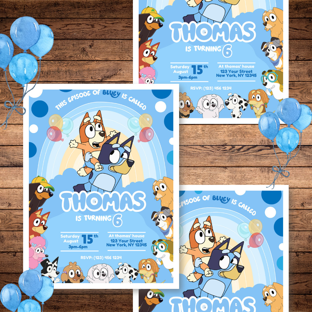 Invitación de cumpleaños editable de Bluey Fiesta divertida y colorida ...