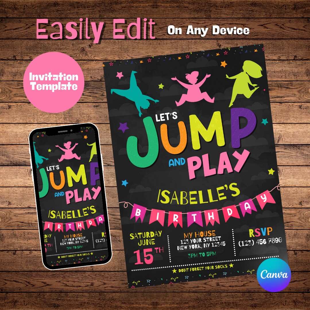 Editable Jump Party Birthday Invitation Digital Canva Template Digital ...