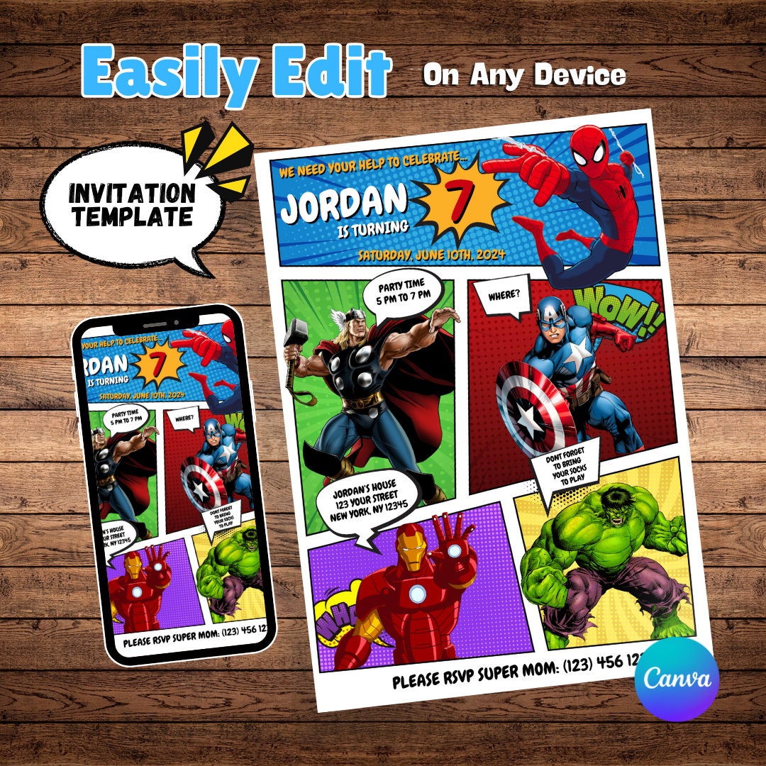Editable Avengers Comic Book Birthday Invitation Superhero Party Canva ...