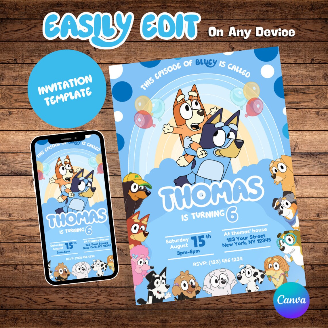 Invitación de cumpleaños editable de Bluey Fiesta divertida y colorida ...