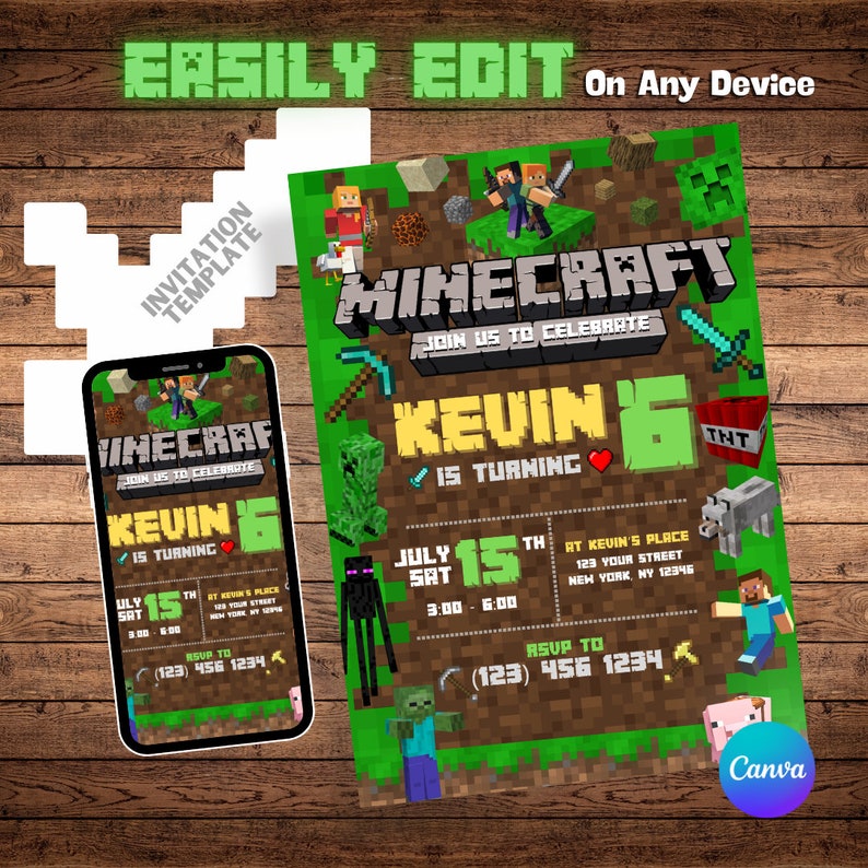 Editable Minecraft Birthday Invitation Block Party Canva Template ...