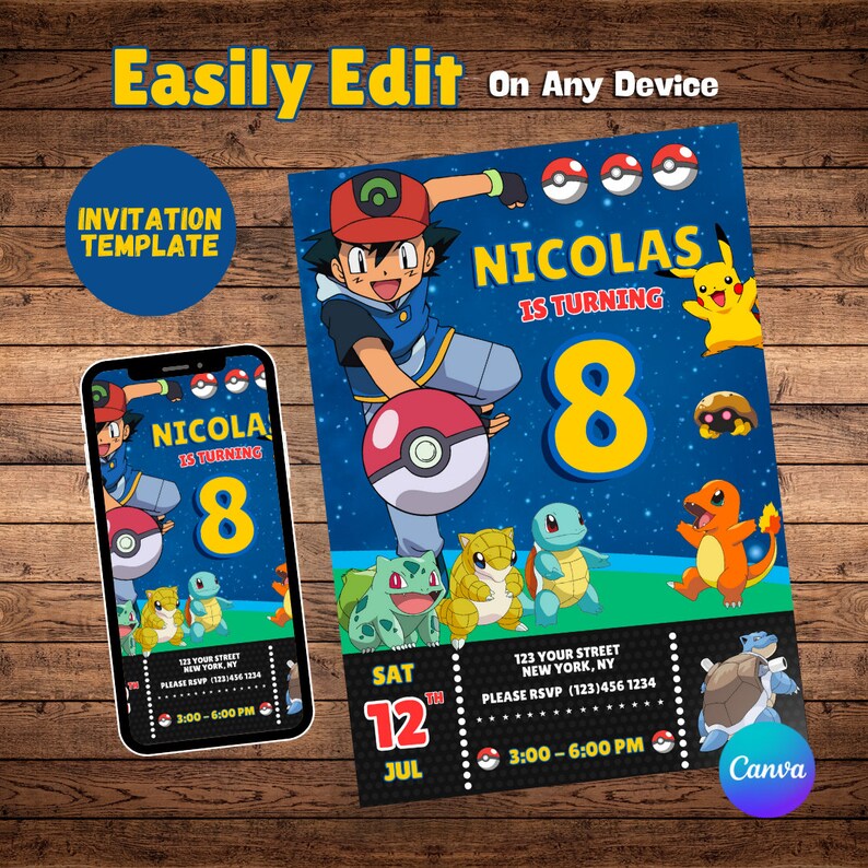 Editable Pokémon Birthday Invitation Digital Canva Template Digital ...