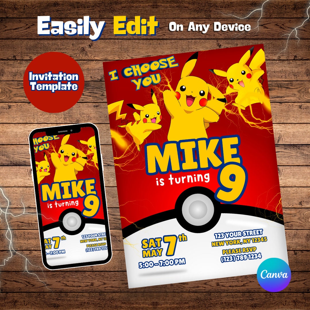Pikachu Birthday Party Invitation Canva Template Pokemon Theme Digital ...