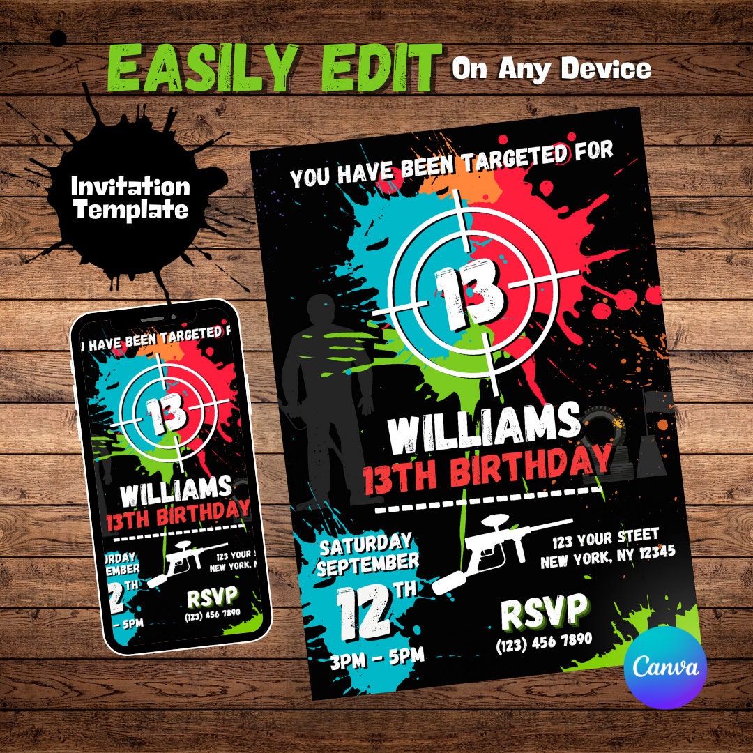 Editable Paintball Birthday Invitation Digital Canva Template Digital ...