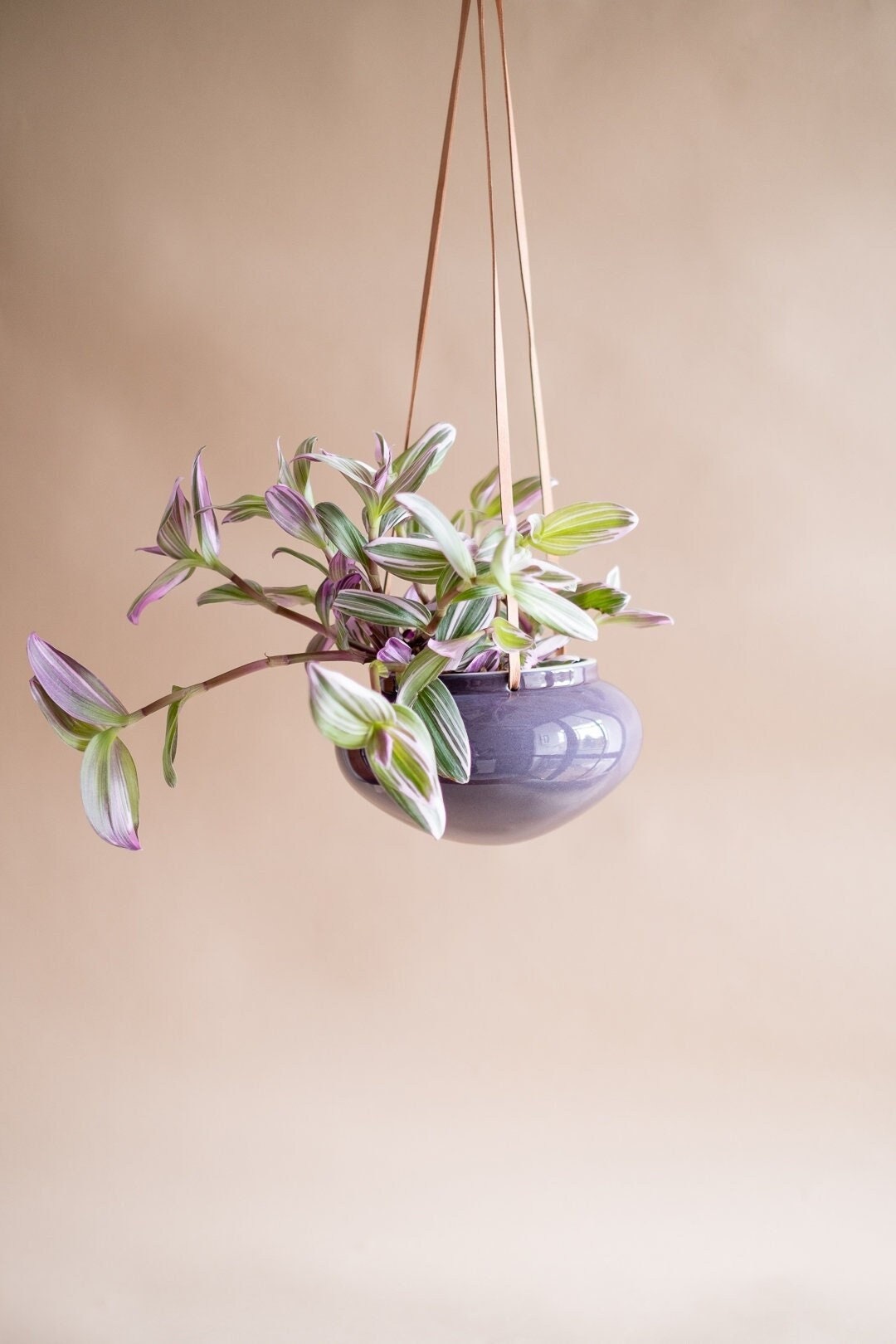 Hanging Flower Pot, Purple Ceramic Hanging Planter, Leather Pendant ...