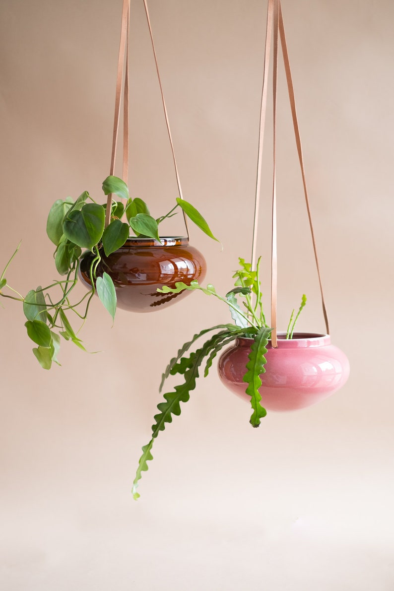 Hanging Flower Pot, Pink Ceramic Hanging Planter, Leather Pendant ...