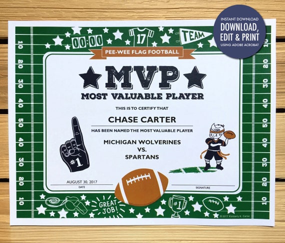 Instant Download Flag Football MVP Certificate Editable PDF Etsy