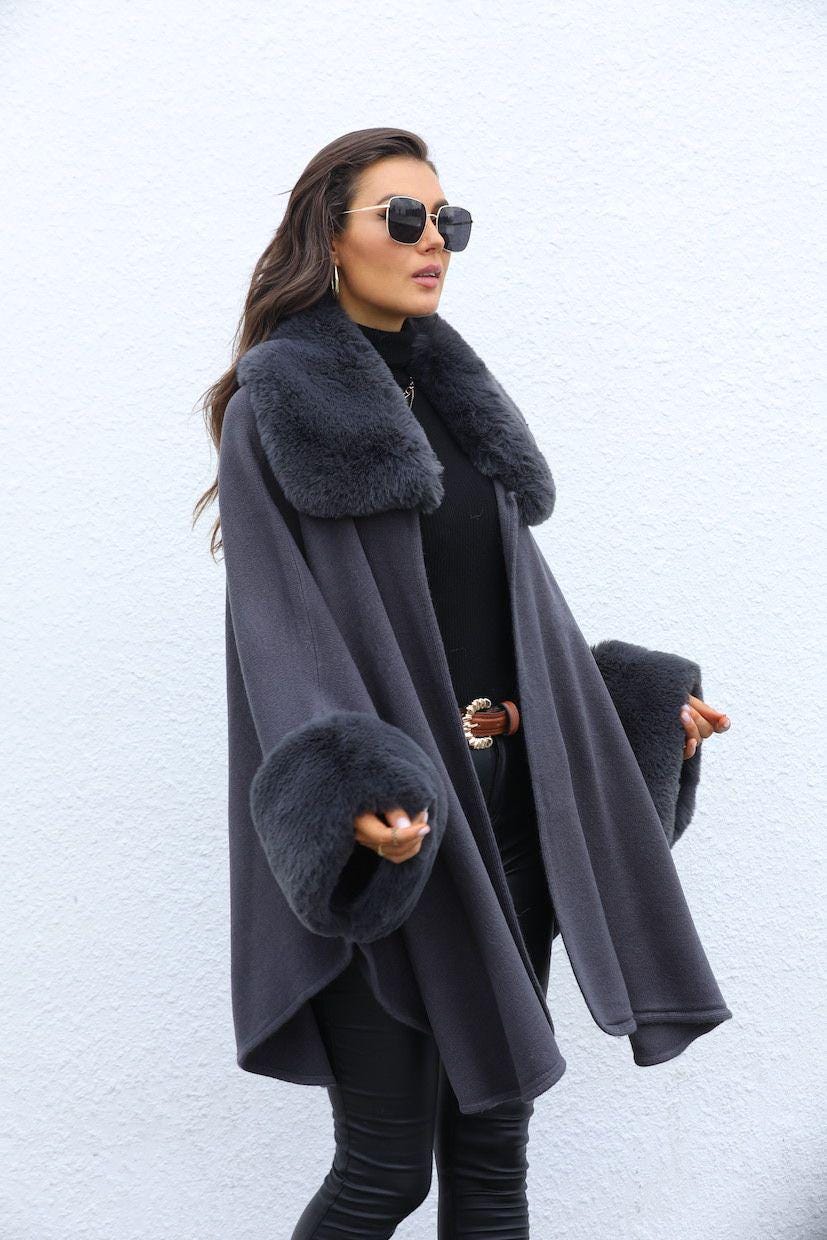 Dark Grey Faux Fur Cape, Wrap, Cloak, Jacket, Shawl, Poncho. Ideal ...