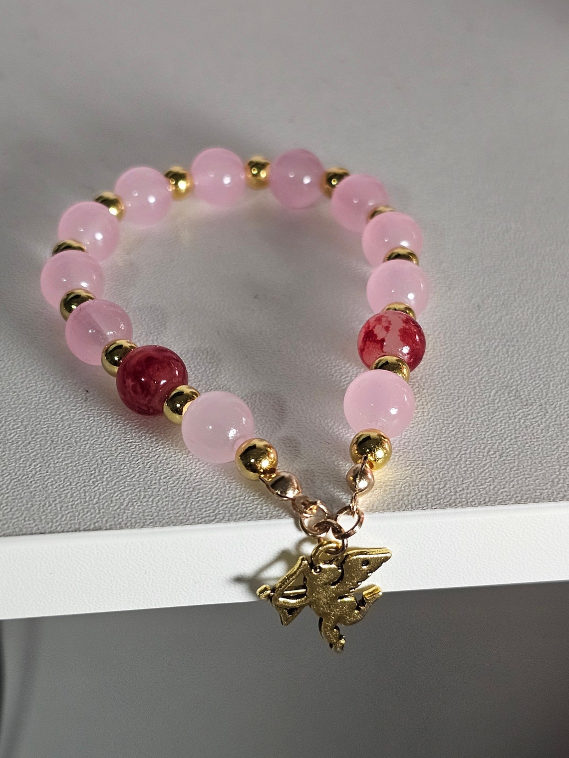 Elegant Pink and Gold Bead Bracelet With Cupid Charm – 6' Length - Etsy