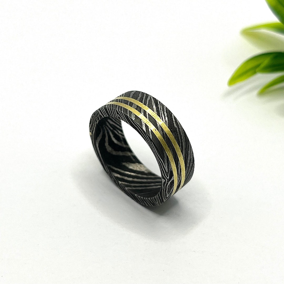 Damascus Wood Wedding Band, Men Damascus Steel Whiskey Barrel Ring ...