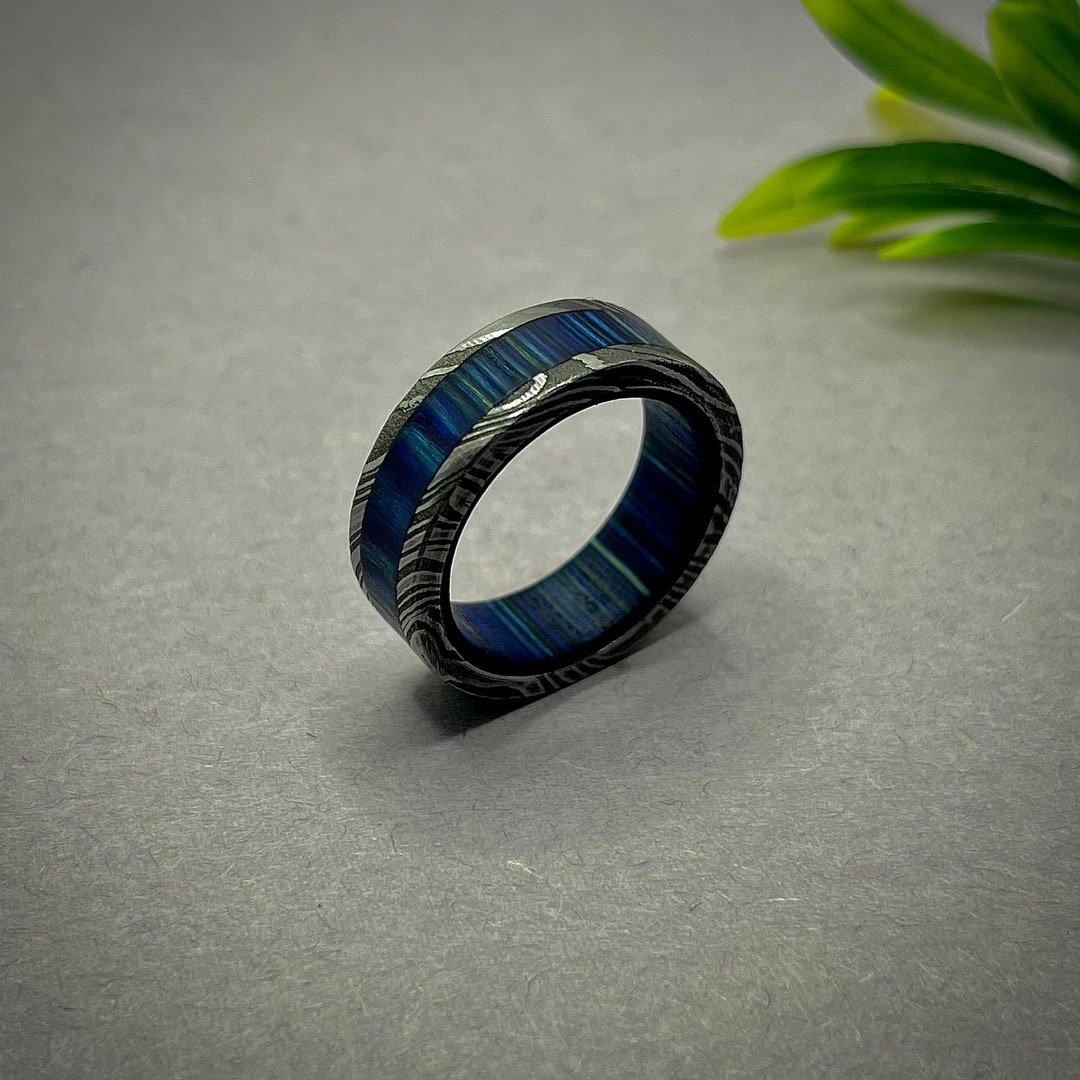 Damascus Wood Wedding Band, Men Damascus Steel Whiskey Barrel Ring ...