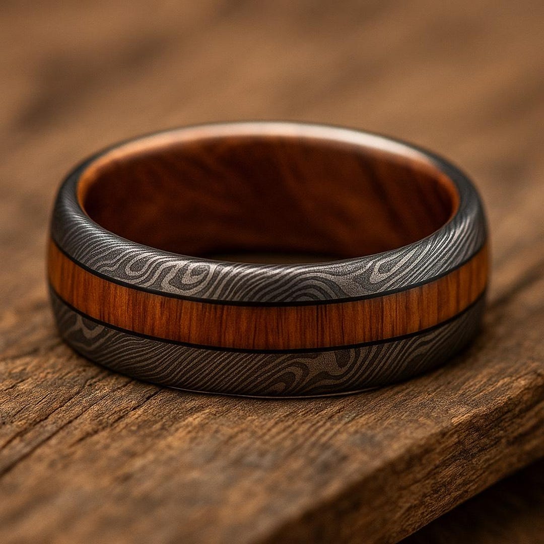 Damascus Wood Wedding Band, Men Damascus Steel Whiskey Barrel Ring ...