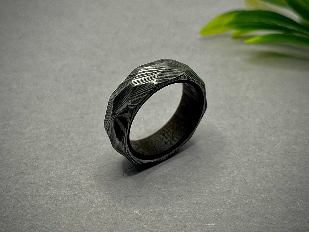Damascus Wood Wedding Band, Men Damascus Steel Whiskey Barrel Ring ...