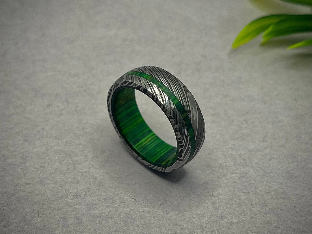 Damascus Whiskey Barrel Green Wood Ring Mens Damascus Steel Wood ...