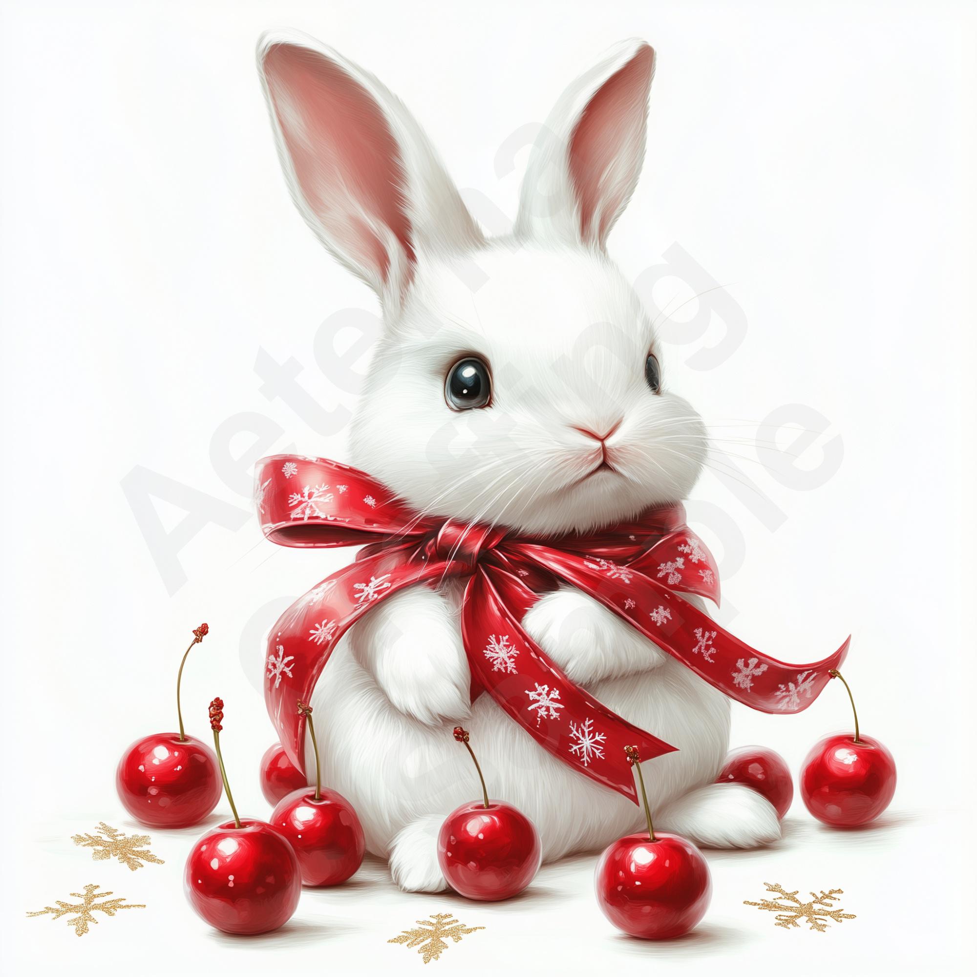 Winter Bunny Clipart Set - 10 Cherry Ribbon PNG Illustrations (instant ...