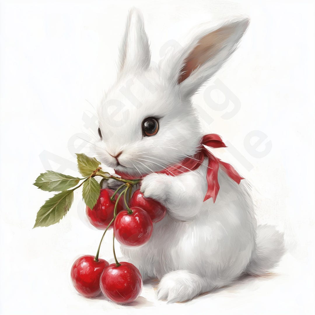 Winter Bunny Clipart Set - 10 Cherry Ribbon PNG Illustrations (instant ...