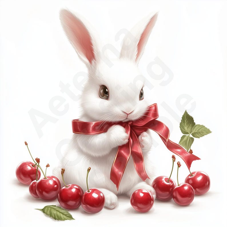 Winter Bunny Clipart Set - 10 Cherry Ribbon PNG Illustrations (instant ...