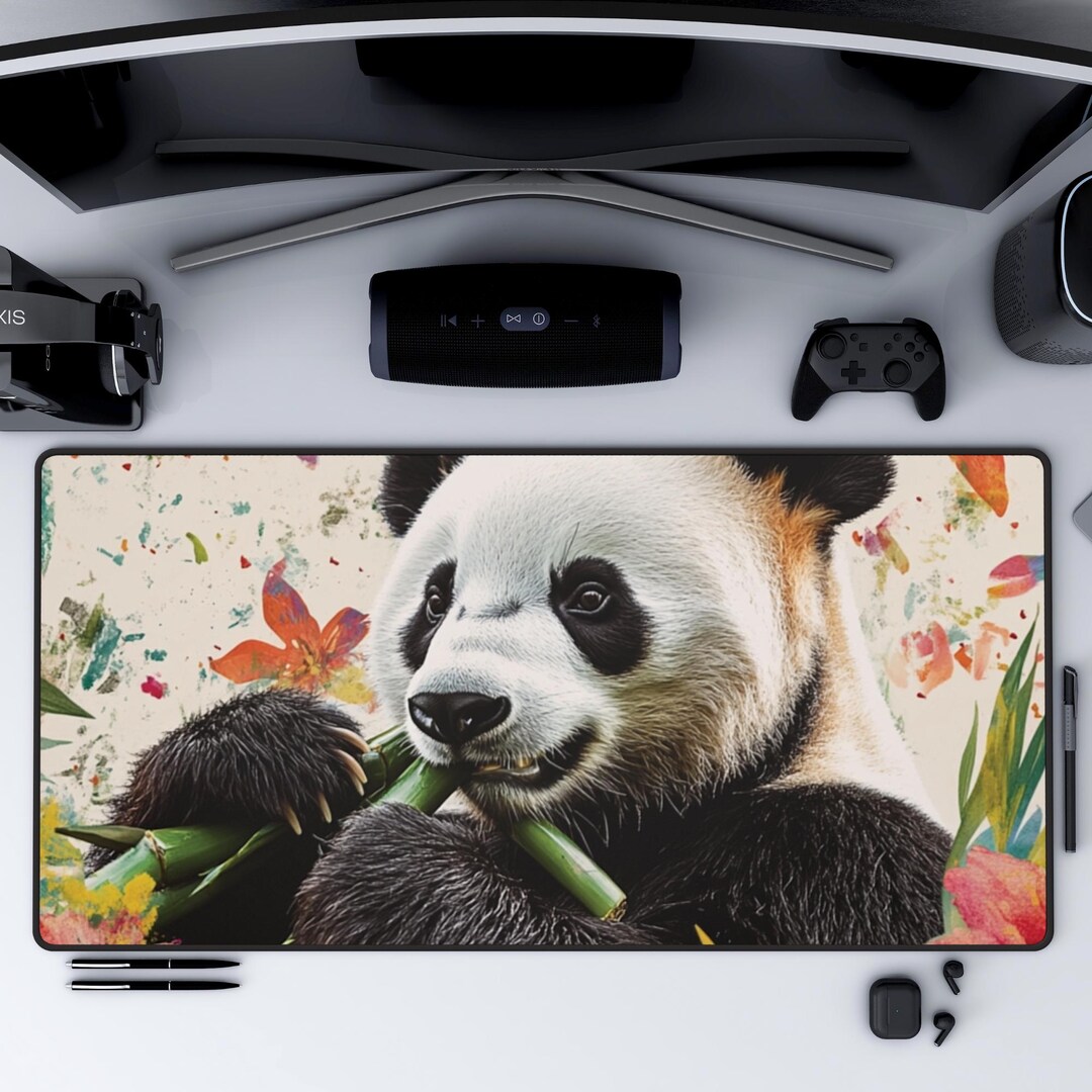 Cute Panda Bamboo Mouse Pad, Colorful Floral Design, Office Decor, Desk ...