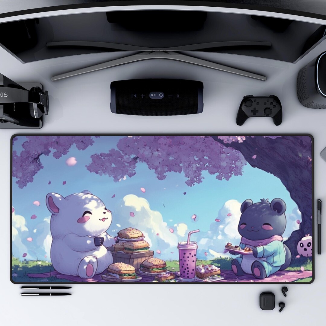 Chibi Animals Picnic Desk Mat, Sakura Tree, Sandwiches and Boba Drinks ...