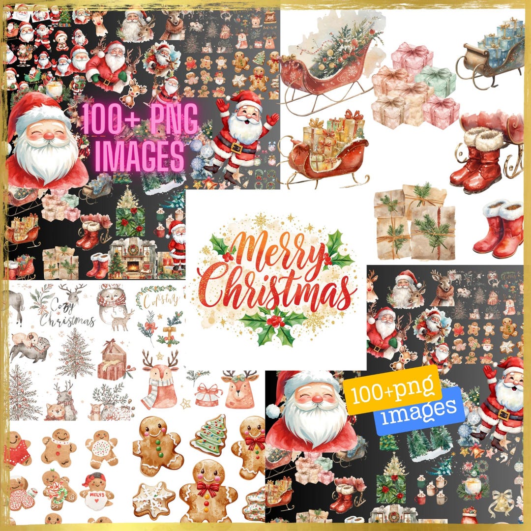 Watercolor Boho Christmas Clipart Bundle, Cozy 100+ PNG Set for Cards ...
