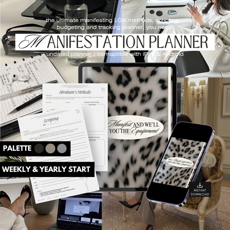 Minimalistic Undated Digital Planner, Wellness and Finance, Law of Attraction Journal ...