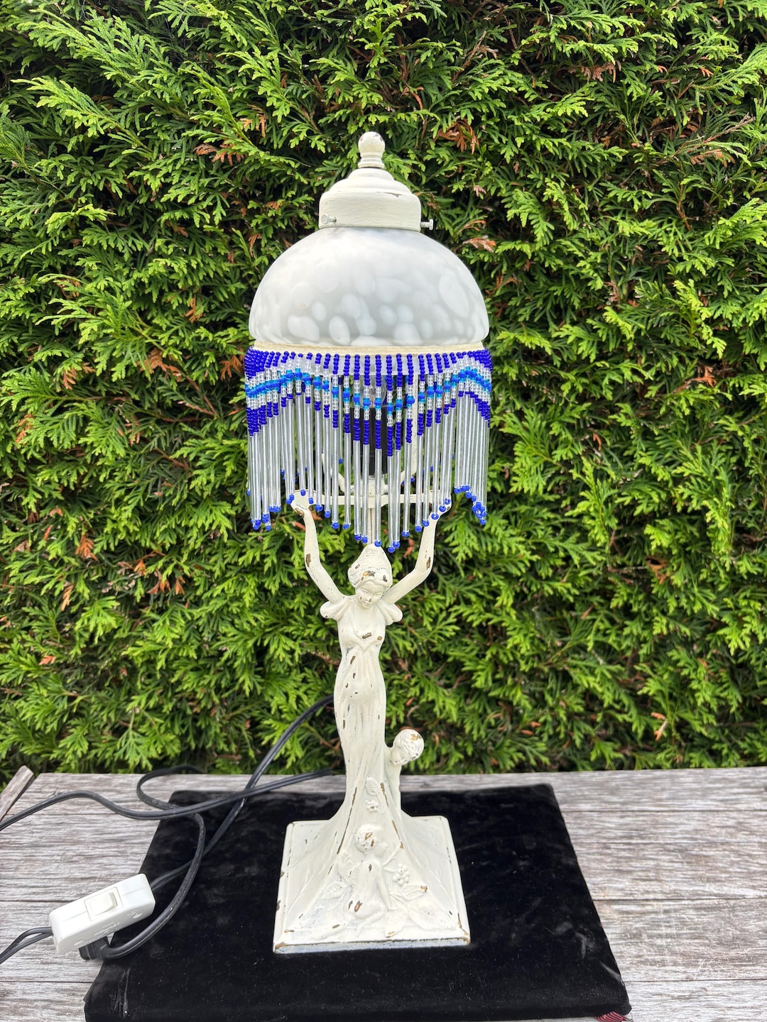 Vintage Art Deco Metal Lamp. Beaded Table Lamp. Blue Fringed Lamps ...