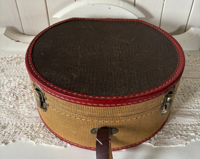 Vintage Hat Box Round Suitcase Leather Case Beige, Red, Brown, Rétro ...