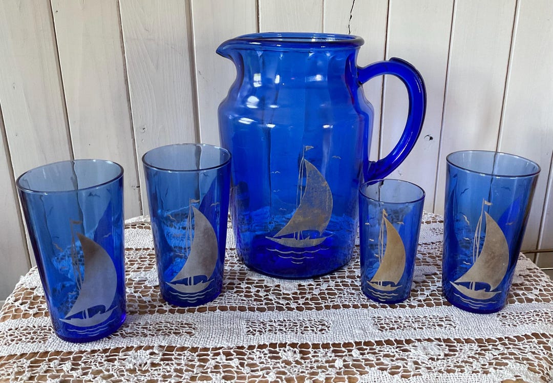 Vintage Cobalt Blue Sailboat/white Ships Water Pitcher 8 1/2" 64oz. - Etsy