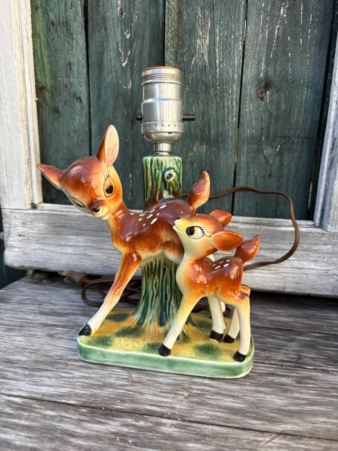 Vintage Deer and Fawn bambi Glaze Ceramic Lamp Mid Century Deco Antique ...