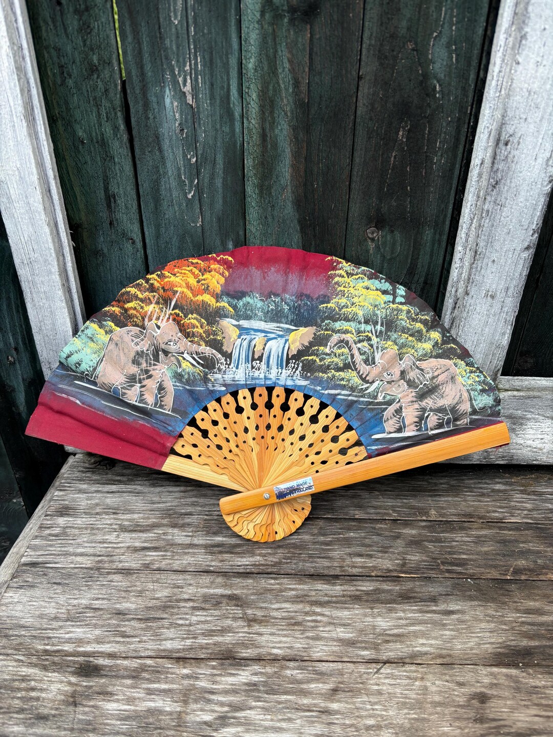 Vintage Hand Painted Wooden Folding Hand Fan - Thailand Hand Painted ...